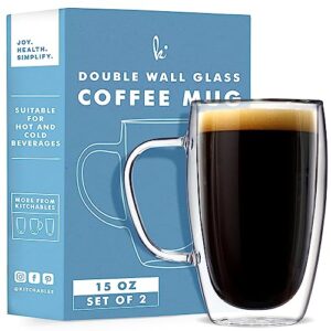 kitchables double wall glass coffee mugs set of 2, 15oz with handle insulated glass coffee mug without handle, clear coffee mugs, tasas transparente para café bonitas