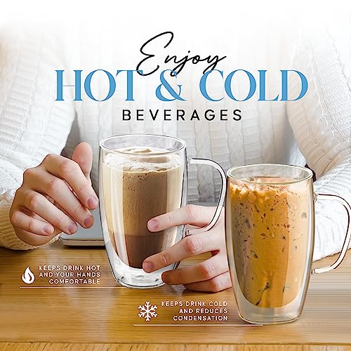 Kitchables Double Wall Glass Coffee Mugs Set of 2, 15oz with Handle Insulated Glass Coffee Mug without Handle, Clear Coffee Mugs, Tasas Transparente Para Café Bonitas