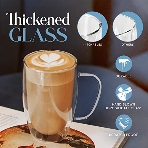 Kitchables Double Wall Glass Coffee Mugs Set of 2, 15oz with Handle Insulated Glass Coffee Mug without Handle, Clear Coffee Mugs, Tasas Transparente Para Café Bonitas