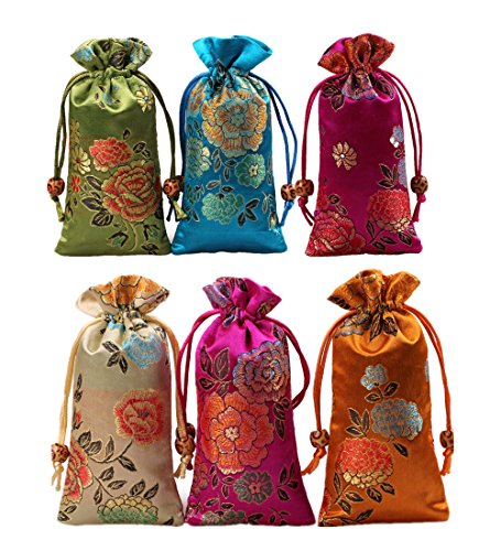 Startdy Silk brocade Double layer Drawstring Pouch Candy Sachet wallet Jewelry bag W3"H6" (6pcs )