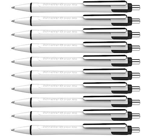 Schneider Slider Xite XB (Extra Broad) Ballpoint Pen, Refillable + Retractable, 1.4 mm, White Barrel w/Blue Accents, Black Ink, Box of 10 Pens (133201)