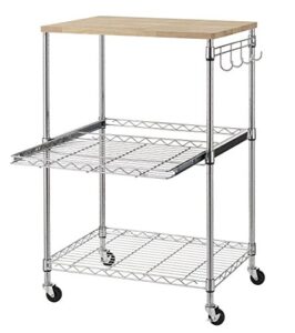 finnhomy 3-tier wire rolling kitchen cart, food service cart, microwave stand, oak cutting board and chrome