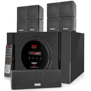 pyle 5.1 channel home theater speaker system - 300w bluetooth surround sound audio stereo power receiver box set w/ built-in subwoofer, 5 speakers, remote, fm radio, rca - pt589bt,black