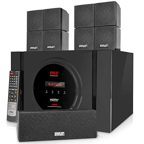 Pyle 5.1 Channel Home Theater Speaker System - 300W Bluetooth Surround Sound Audio Stereo Power Receiver Box Set w/ Built-in Subwoofer, 5 Speakers, Remote, FM Radio, RCA - PT589BT,Black