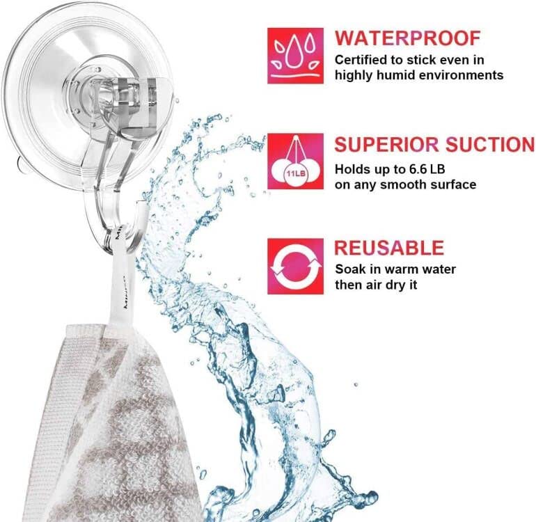 Elegear Suction Cup Hooks for Shower, 2 Pack Waterproof Reusable Shower Suction Hooks, Clear Suction Shower Hooks Hold up to 6.6LB Wreath Suction Hook for Christmas Wreath Loofah Towel Sponge