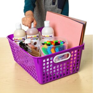 Really Good Stuff Multi-Purpose Plastic Storage Baskets for Classroom or Home Use - Stackable Mesh Plastic Baskets with Grip Handles 13" x 10" (Purple - Set of 12)