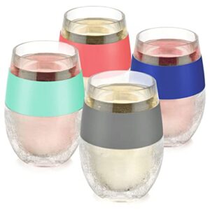 host cooling cup set of 4 plastic double wall insulated freezable drink chilling tumbler with freezing gel, wine glasses for red and white wine, 8.5 oz, assorted colors