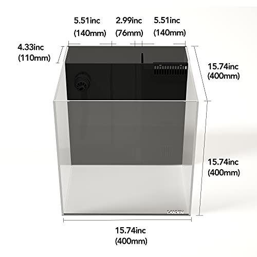 LANDEN 40C 11 Gallon Ultra Clear Glass Rimless Low Iron Aquarium Tank with Rear Filtration Chamber(Return Pump Included) for Salt and Fresh Water,15.8Wx15.8D×15.8H in(40x40x40cm) 6mm Thickness