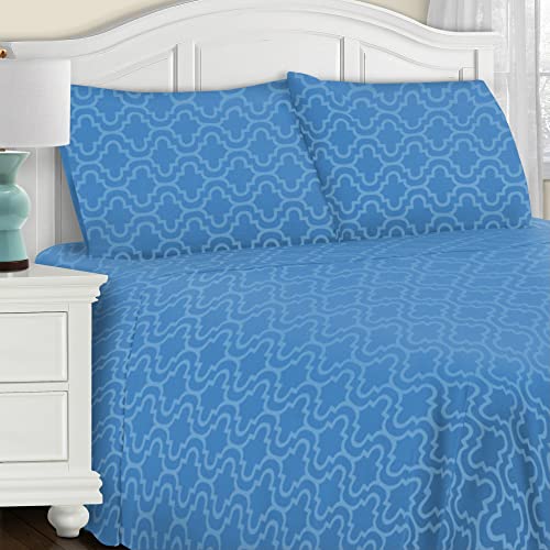 SUPERIOR Extra Soft Printed All Season 100% Brushed Cotton Flannel Trellis Bedding Sheet Set with Deep Pockets Fitted Sheet - Light Blue Trellis, Queen Size