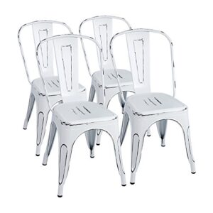 furmax metal chairs indoor/outdoor use stackable chic dining bistro cafe side chairs set of 4 (distressed white)