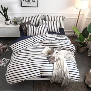 merryfeel cotton duvet cover set,100% cotton jersey knit striped duvet cover and pillowshams,3 pieces bedding set - (queen,navy stripe)