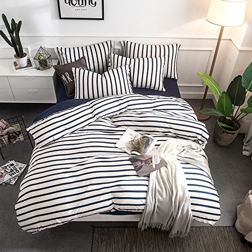 Merryfeel Cotton Duvet Cover Set,100% Cotton Jersey Knit Striped Duvet Cover and Pillowshams,3 Pieces Bedding Set - (Queen,Navy Stripe)