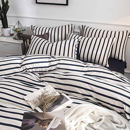 Merryfeel Cotton Duvet Cover Set,100% Cotton Jersey Knit Striped Duvet Cover and Pillowshams,3 Pieces Bedding Set - (Queen,Navy Stripe)