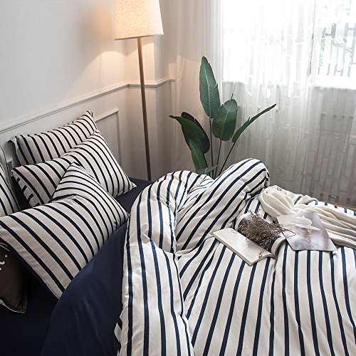 Merryfeel Cotton Duvet Cover Set,100% Cotton Jersey Knit Striped Duvet Cover and Pillowshams,3 Pieces Bedding Set - (Queen,Navy Stripe)