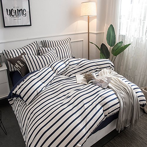 Merryfeel Cotton Duvet Cover Set,100% Cotton Jersey Knit Striped Duvet Cover and Pillowshams,3 Pieces Bedding Set - (Queen,Navy Stripe)