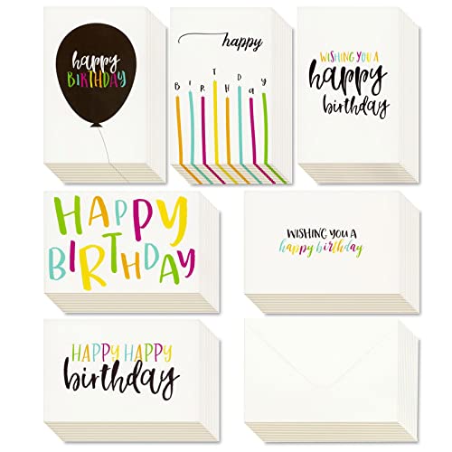 Happy Birthday Greeting Cards (48-Pack) - 6 Handwritten Modern Style, Colourful Designs - Blank on the Inside, Envelopes Included - 10 x 15 Centimetres