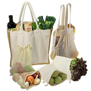 simple ecology reusable farmers market shopping 6 bag gift or starter set, durable, organic cotton and jute, natural with brown