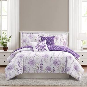 boho living – comforter set , fresh meadow full/queen bedding , 5 piece set , includes reversible comforter, 2 decorative pillows & 2 pillow shams , polyester , microfiber , bedroom décor , lilac