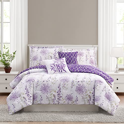 Boho Living – Comforter Set , Fresh Meadow Full/Queen Bedding , 5 Piece Set , Includes Reversible Comforter, 2 Decorative Pillows & 2 Pillow Shams , Polyester , Microfiber , Bedroom Décor , Lilac