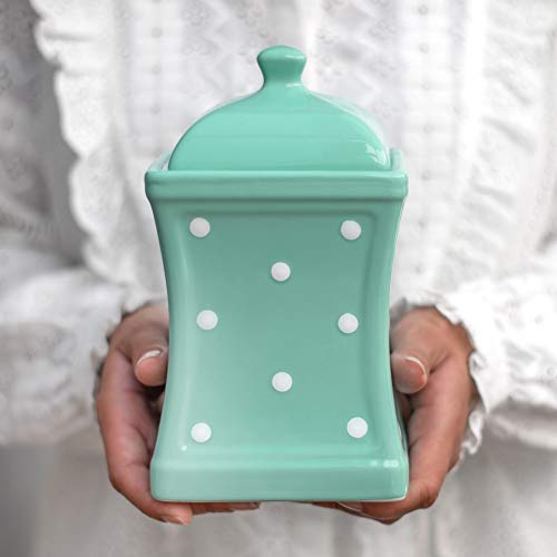 City to Cottage Handmade Teal Blue and White Polka Dot Large Ceramic 31.5oz/900ml Kitchen Storage Jar with Lid | Pottery Canister, Cookie Jar, Housewarming Gift