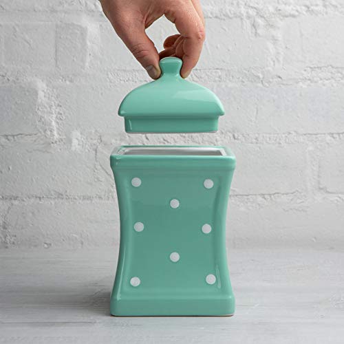 City to Cottage Handmade Teal Blue and White Polka Dot Large Ceramic 31.5oz/900ml Kitchen Storage Jar with Lid | Pottery Canister, Cookie Jar, Housewarming Gift