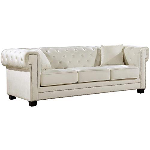 Meridian Furniture Bowery Collection Modern | Contemporary Button Tufted, Velvet Upholstered Sofa with Square Arms, Nailhead Trim and Wood Legs, Cream, 90" W x 36.5" D x 30.5" H