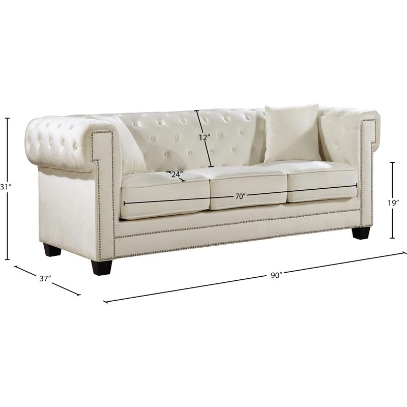 Meridian Furniture Bowery Collection Modern | Contemporary Button Tufted, Velvet Upholstered Sofa with Square Arms, Nailhead Trim and Wood Legs, Cream, 90" W x 36.5" D x 30.5" H