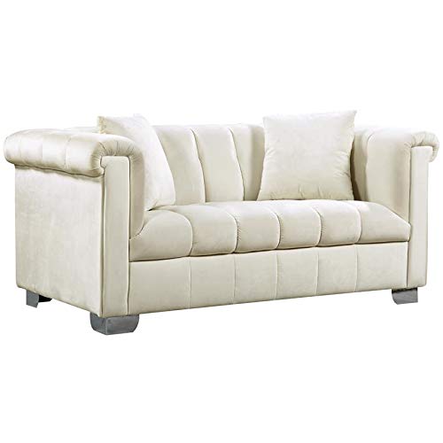 Meridian Furniture Kayla Collection Modern | Contemporary Velvet Upholstered Loveseat with Deep Channel Tufting and Custom Chrome Legs, Cream, 68" W x 37" D x 31" H