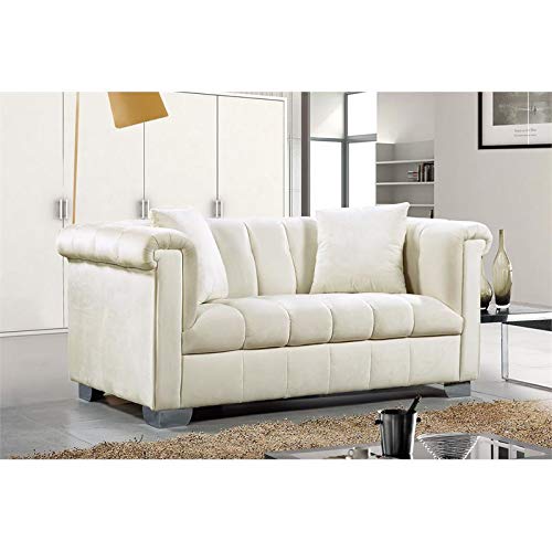 Meridian Furniture Kayla Collection Modern | Contemporary Velvet Upholstered Loveseat with Deep Channel Tufting and Custom Chrome Legs, Cream, 68" W x 37" D x 31" H