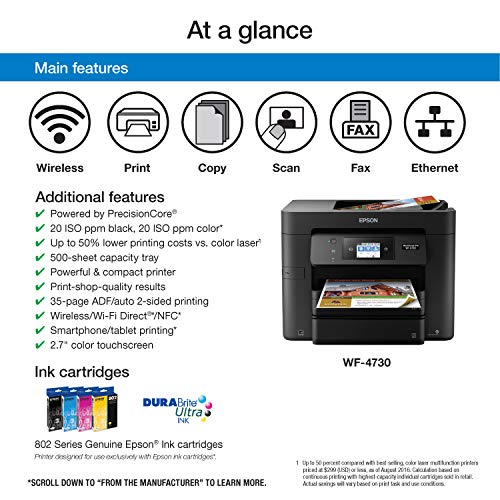 Epson WorkForce Pro WF-4730 Wireless All-in-One Color Inkjet Printer, Copier, Scanner with Wi-Fi Direct, Amazon Dash Replenishment Ready