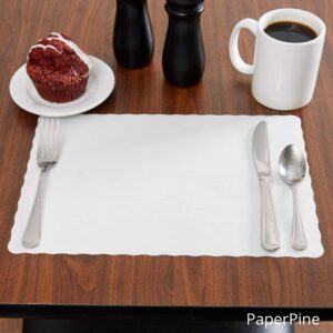 Rectangle Disposable Paper Placemat (100 Pack) - 10 x 14 Inches White Eco-friendly Heavy weight 60 pound paper Place Mat Wavy Scalloped Edge