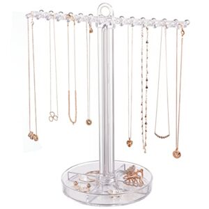 stori clear plastic hanging jewelry organizer | holds 30 individual necklaces on the pegs & sorts small jewelry in the bottom divided holder | made in usa