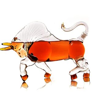 The Wine Savant Charging Bull Heads Forward Animal Liquor Decanter Made For Bourbon, Whiskey, Scotch, Rum, or Tequila, Zodiac Shape Clear