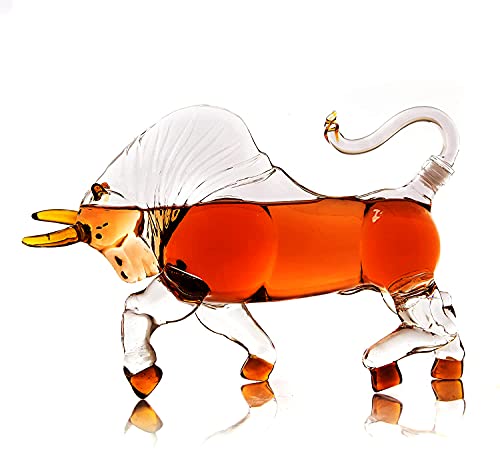 The Wine Savant Charging Bull Heads Forward Animal Liquor Decanter Made For Bourbon, Whiskey, Scotch, Rum, or Tequila, Zodiac Shape Clear