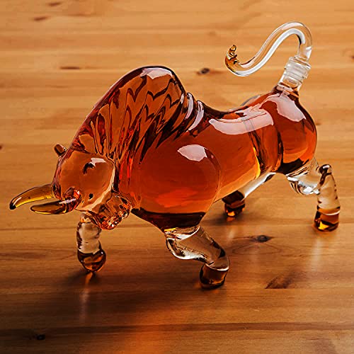 The Wine Savant Charging Bull Heads Forward Animal Liquor Decanter Made For Bourbon, Whiskey, Scotch, Rum, or Tequila, Zodiac Shape Clear