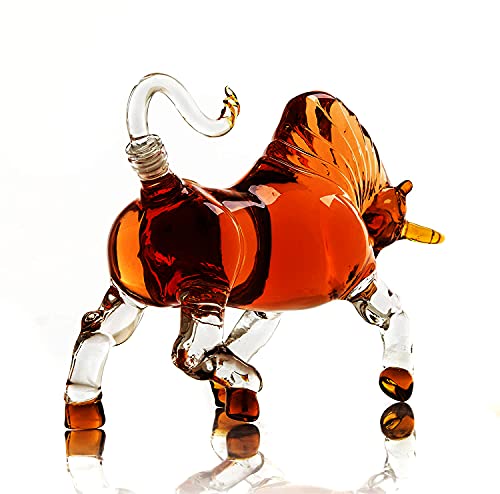 The Wine Savant Charging Bull Heads Forward Animal Liquor Decanter Made For Bourbon, Whiskey, Scotch, Rum, or Tequila, Zodiac Shape Clear