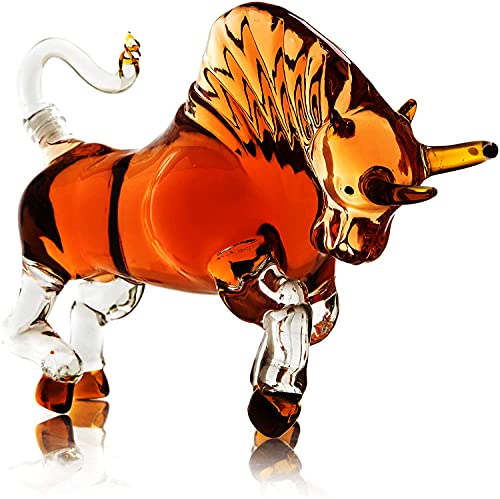 The Wine Savant Charging Bull Heads Forward Animal Liquor Decanter Made For Bourbon, Whiskey, Scotch, Rum, or Tequila, Zodiac Shape Clear