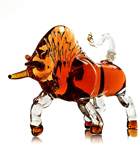 The Wine Savant Charging Bull Heads Forward Animal Liquor Decanter Made For Bourbon, Whiskey, Scotch, Rum, or Tequila, Zodiac Shape Clear