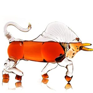 The Wine Savant Charging Bull Heads Forward Animal Liquor Decanter Made For Bourbon, Whiskey, Scotch, Rum, or Tequila, Zodiac Shape Clear