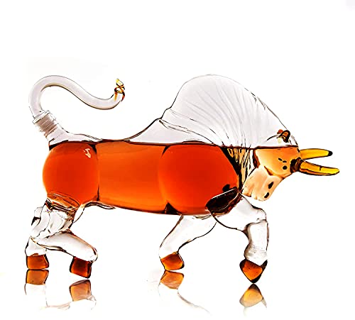 The Wine Savant Charging Bull Heads Forward Animal Liquor Decanter Made For Bourbon, Whiskey, Scotch, Rum, or Tequila, Zodiac Shape Clear