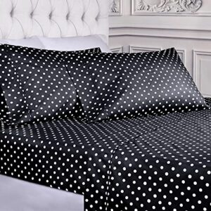 superior cotton blend 600 thread count sheet set, polka dot design, includes 1 elastic deep pocket fitted sheet, 1 flat sheet, 2 pillowcases, luxury bedding, soft sateen weave, king, black