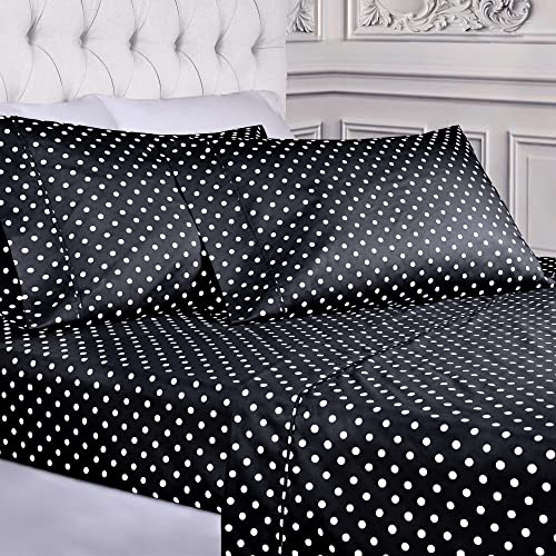 SUPERIOR Cotton Blend 600 Thread Count Sheet Set, Polka Dot Design, Includes 1 Elastic Deep Pocket Fitted Sheet, 1 Flat Sheet, 2 Pillowcases, Luxury Bedding, Soft Sateen Weave, King, Black