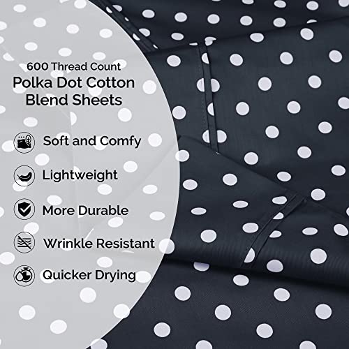 SUPERIOR Cotton Blend 600 Thread Count Sheet Set, Polka Dot Design, Includes 1 Elastic Deep Pocket Fitted Sheet, 1 Flat Sheet, 2 Pillowcases, Luxury Bedding, Soft Sateen Weave, King, Black