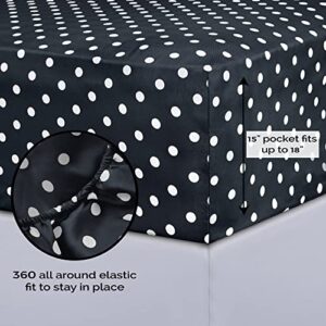 SUPERIOR Cotton Blend 600 Thread Count Sheet Set, Polka Dot Design, Includes 1 Elastic Deep Pocket Fitted Sheet, 1 Flat Sheet, 2 Pillowcases, Luxury Bedding, Soft Sateen Weave, King, Black