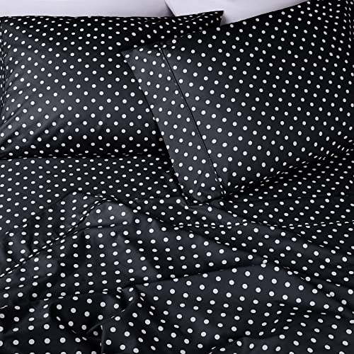 SUPERIOR Cotton Blend 600 Thread Count Sheet Set, Polka Dot Design, Includes 1 Elastic Deep Pocket Fitted Sheet, 1 Flat Sheet, 2 Pillowcases, Luxury Bedding, Soft Sateen Weave, King, Black