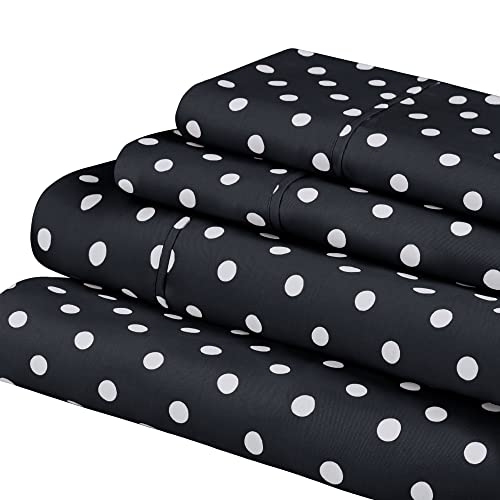 SUPERIOR Cotton Blend 600 Thread Count Sheet Set, Polka Dot Design, Includes 1 Elastic Deep Pocket Fitted Sheet, 1 Flat Sheet, 2 Pillowcases, Luxury Bedding, Soft Sateen Weave, King, Black