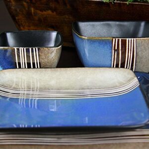 Elama Square Stoneware Loft Collection Dinnerware Dish Set, 16 Piece, Blue and Tan with White Accents