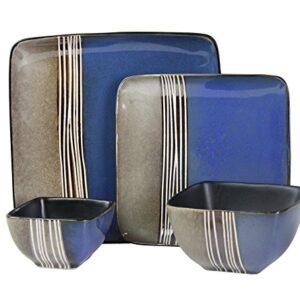 Elama Square Stoneware Loft Collection Dinnerware Dish Set, 16 Piece, Blue and Tan with White Accents