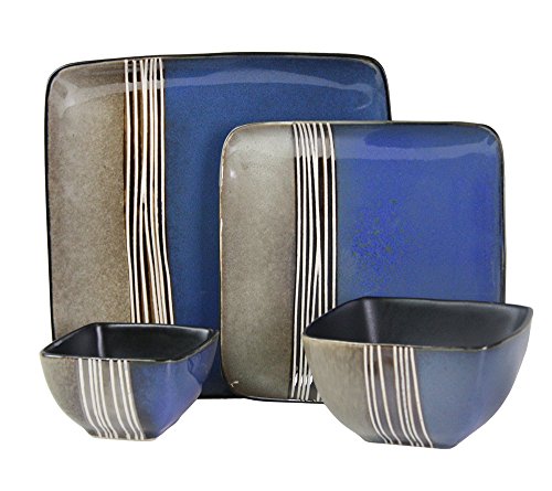 Elama Square Stoneware Loft Collection Dinnerware Dish Set, 16 Piece, Blue and Tan with White Accents