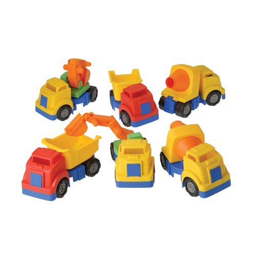 Constructive Playthings Set of Six 9 1/2" L. x 4 1/24" W. x 6" H. Construction Tough Trucks with Working Axles and Plastic Wheels for Ages 18 Months and Up